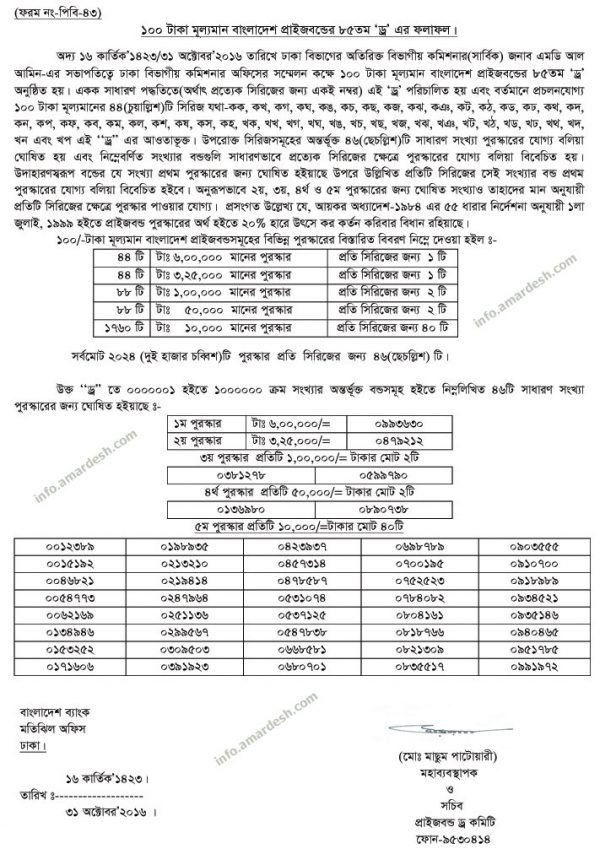 November 2016 – 85th Draw Result for Bangladesh Bank 100 Taka Prize ...